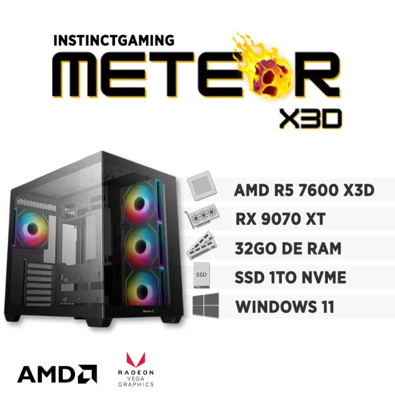 PC Gamer METEOR X3D 7600X3D 32Go 1To RX 9070 XT 16Go W11Pro Couleur ...